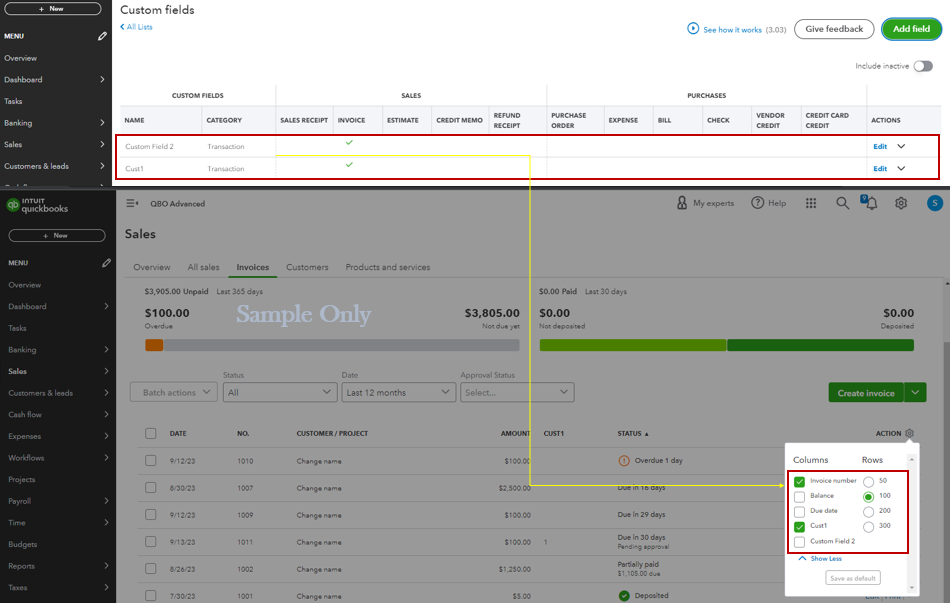 Choosing invoices by the custom field
