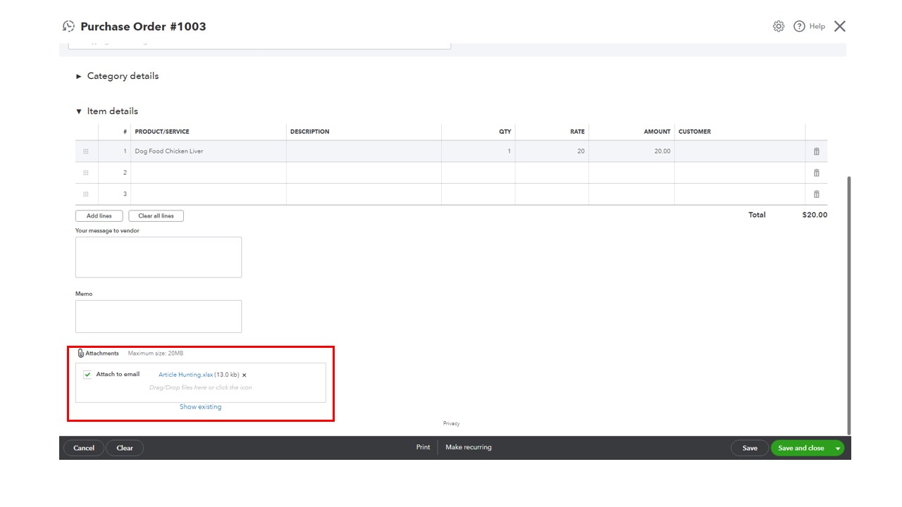 How do I select which attachments to send with a PO