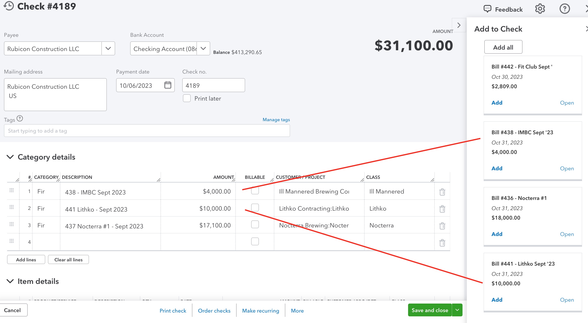 Linking an open bill to a check number uploaded into QB