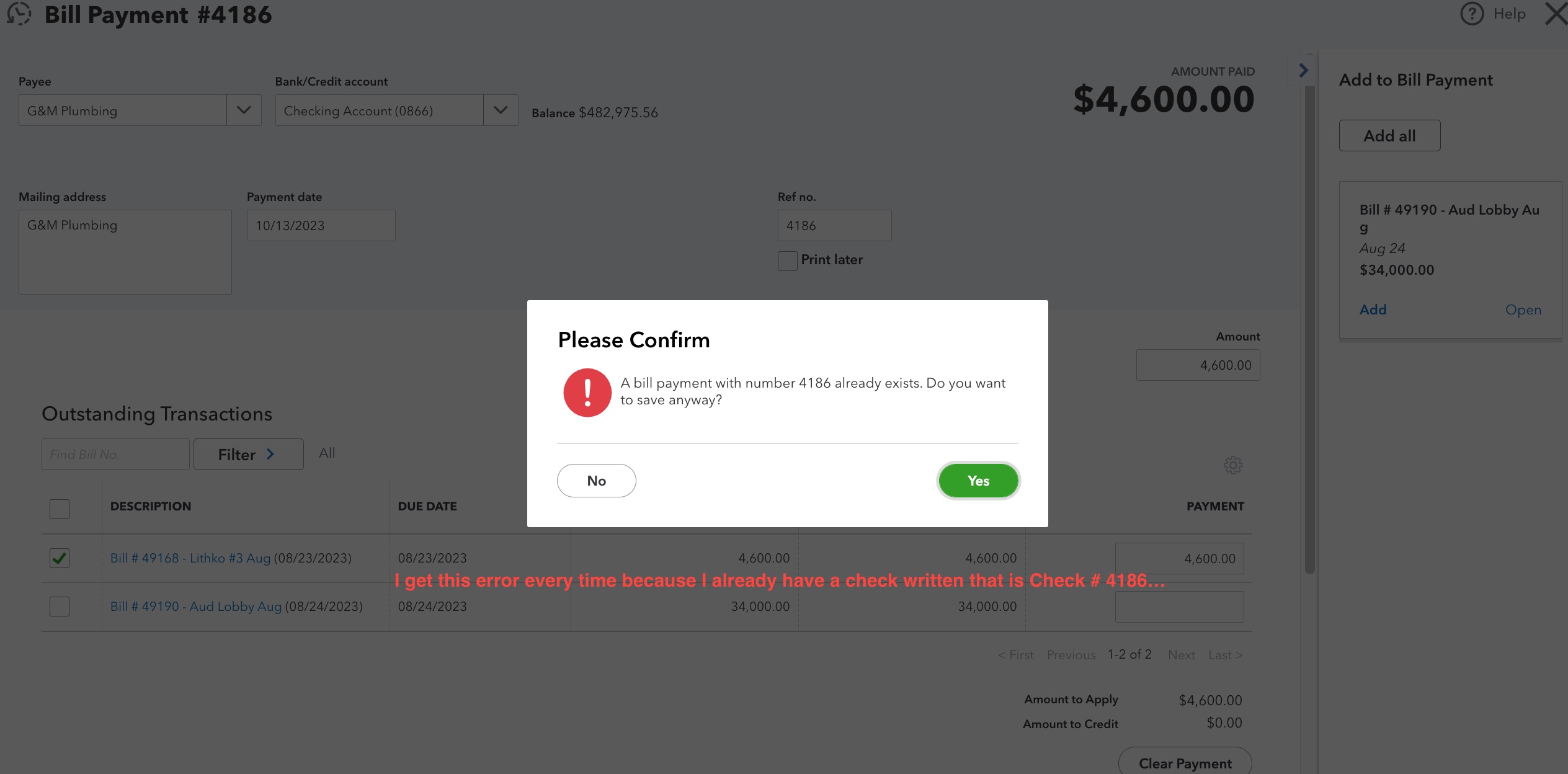 Linking an open bill to a check number uploaded into QB