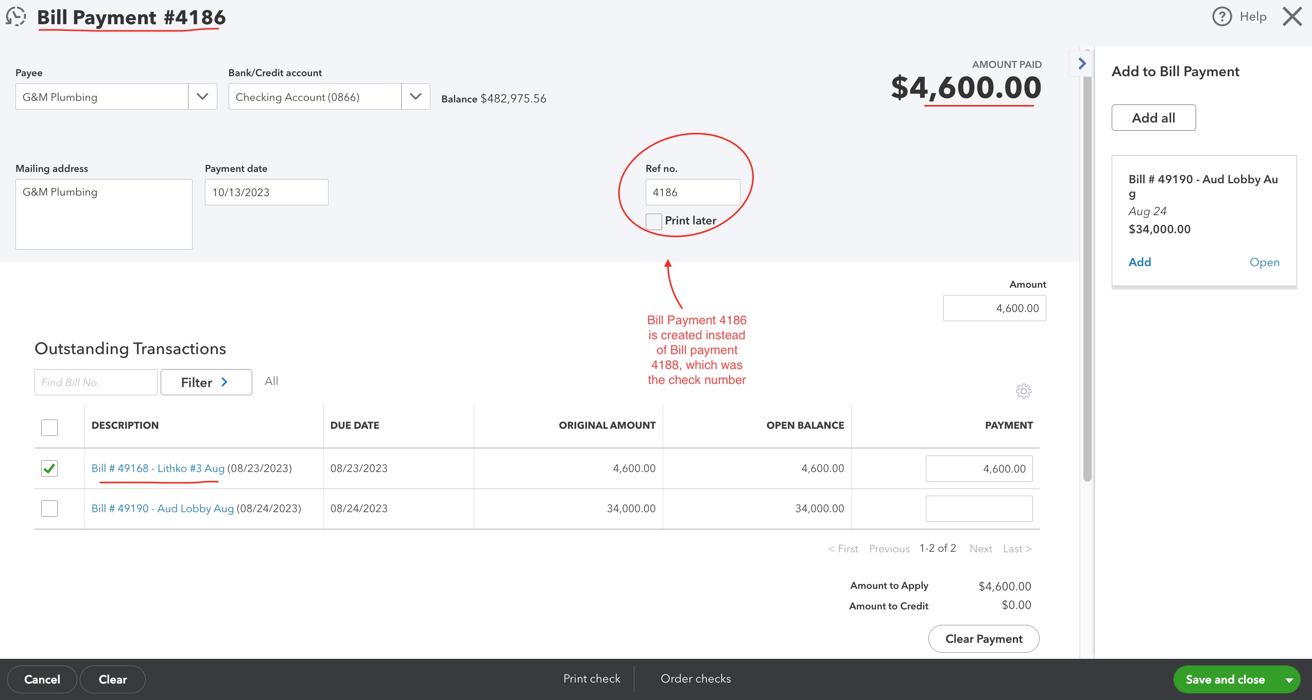 Linking an open bill to a check number uploaded into QB