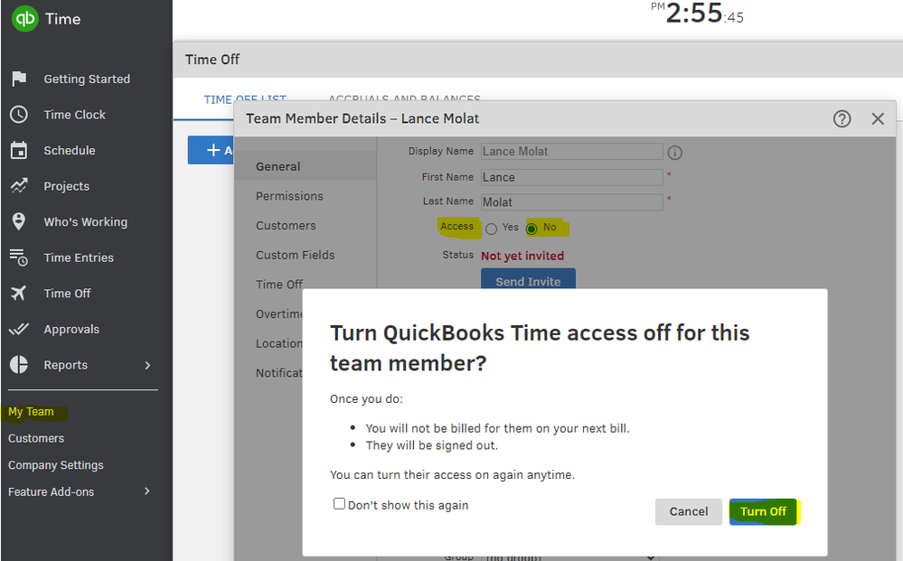 QB Time and employee status change