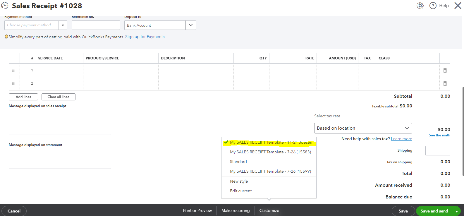 I created a custom sales receipt but I do not see how to select that ...