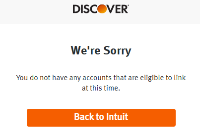 My business Discover Card no longer links to QBO. I get an error "no ...