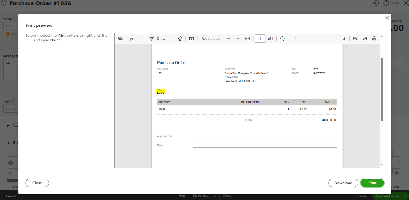 How can I get the SKU to print on a purchase order?