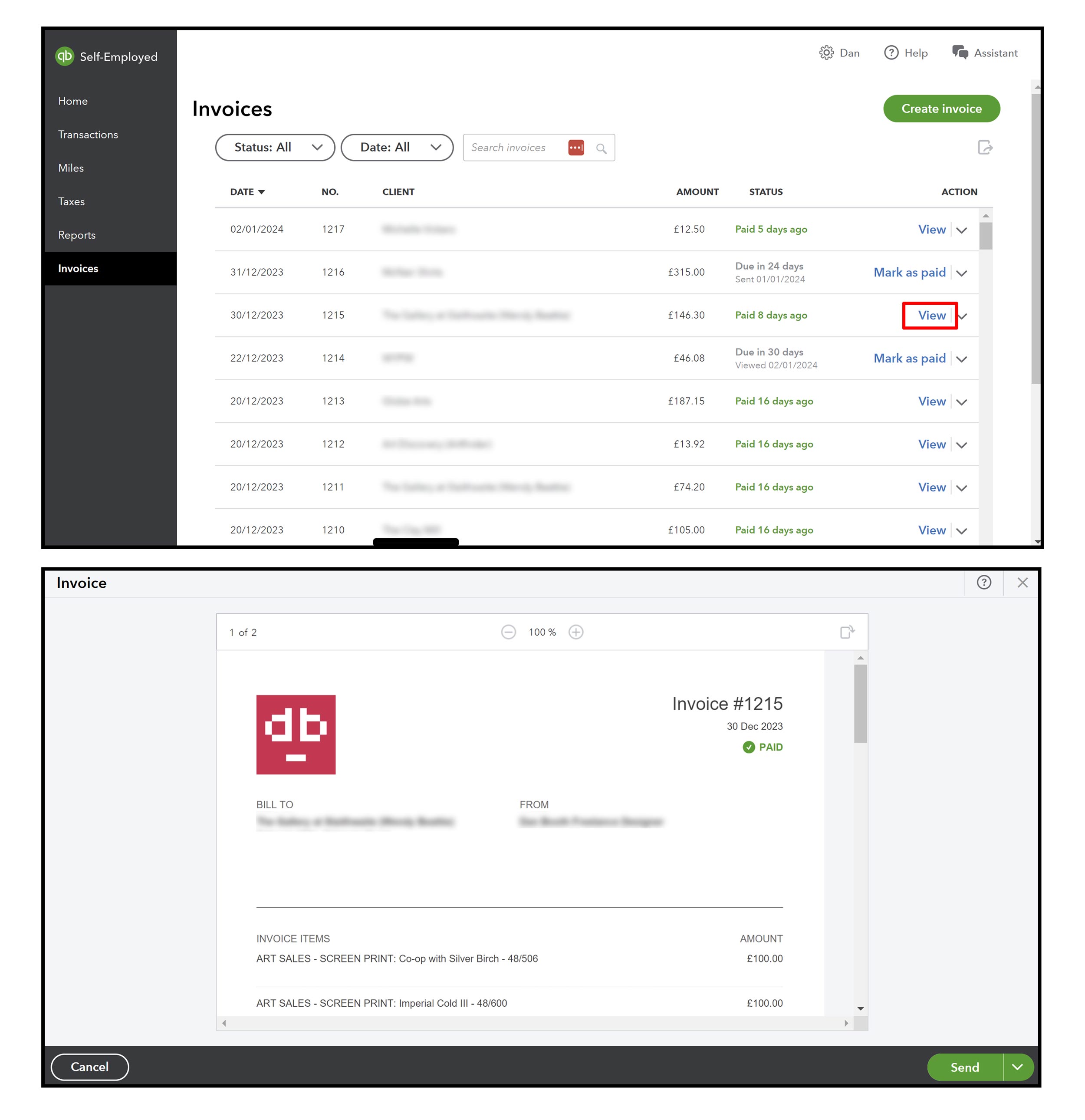 How can I find date invoice was marked as paid in Quickbooks Self Employed?