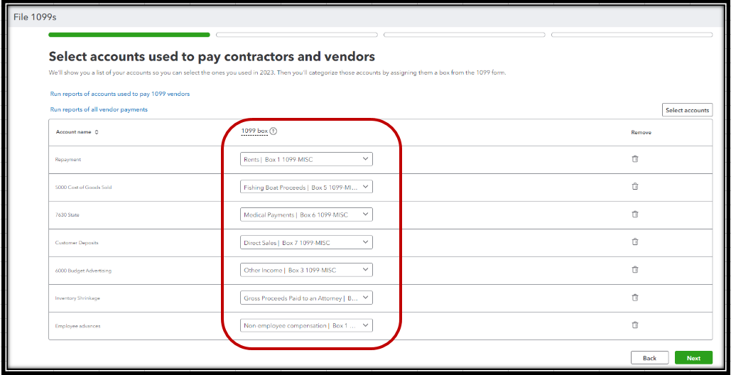 Assigning accounts for 1099s
