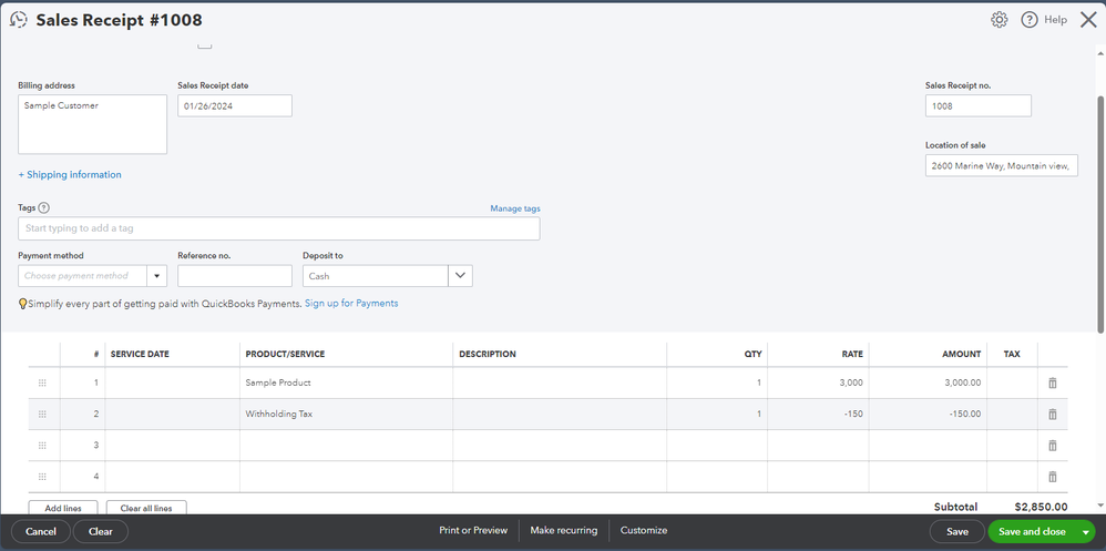 Withholding Tax on Sales Receipts
