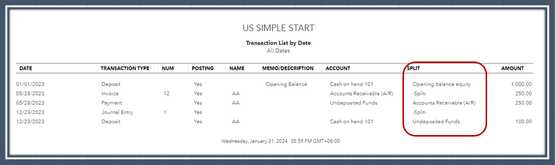 Is there a Transaction Register report that will show split details - online version?