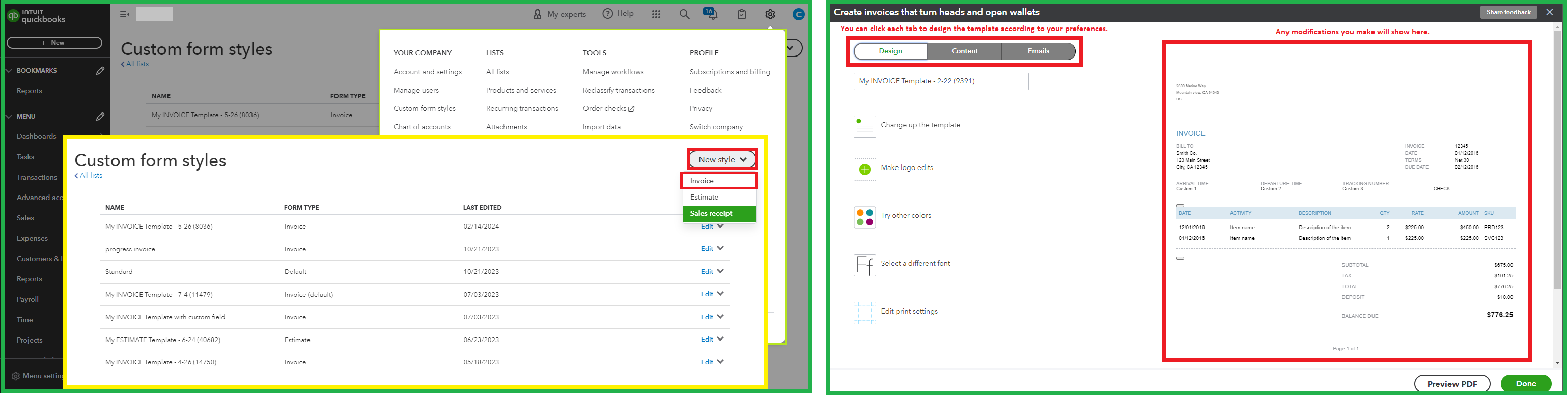 Can I design our own invoice in Quickbooks Online - Advance?