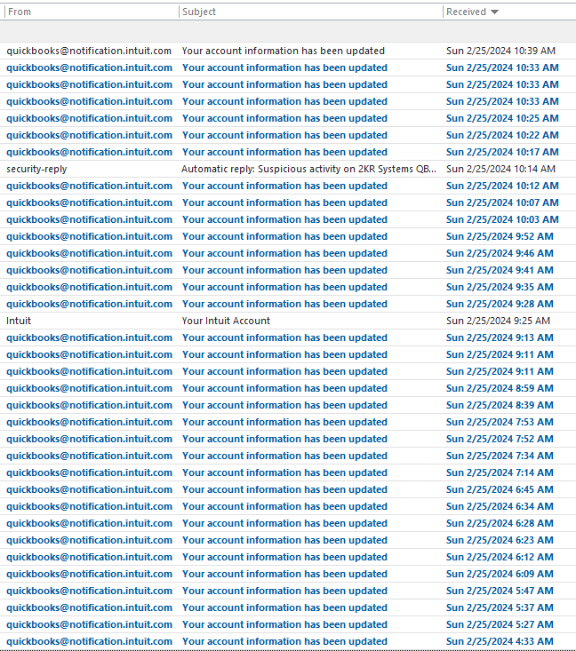 I got about 40 emails saying my account info was changed in my Quickbooks Money processing ...
