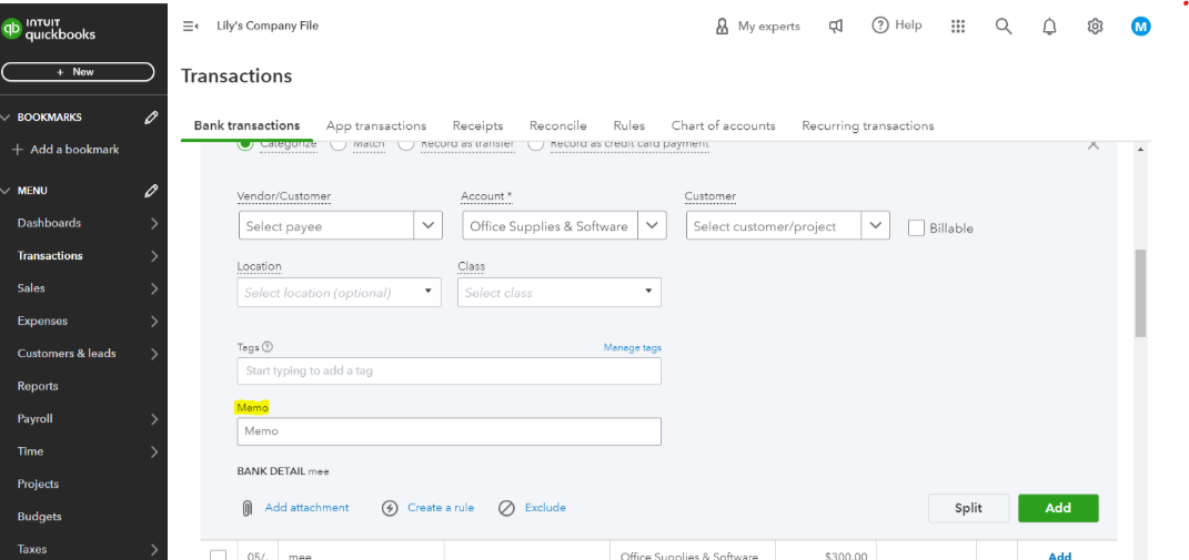 Can I add a check number in to transaction in the bank feed?