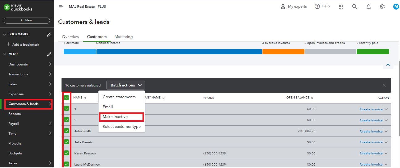 How can I make old customers inactive who have billable expenses?