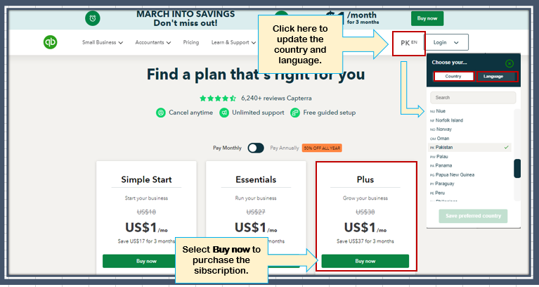How can I purchase QBO plus subscription global site, while, it does not work, i want to avail ...