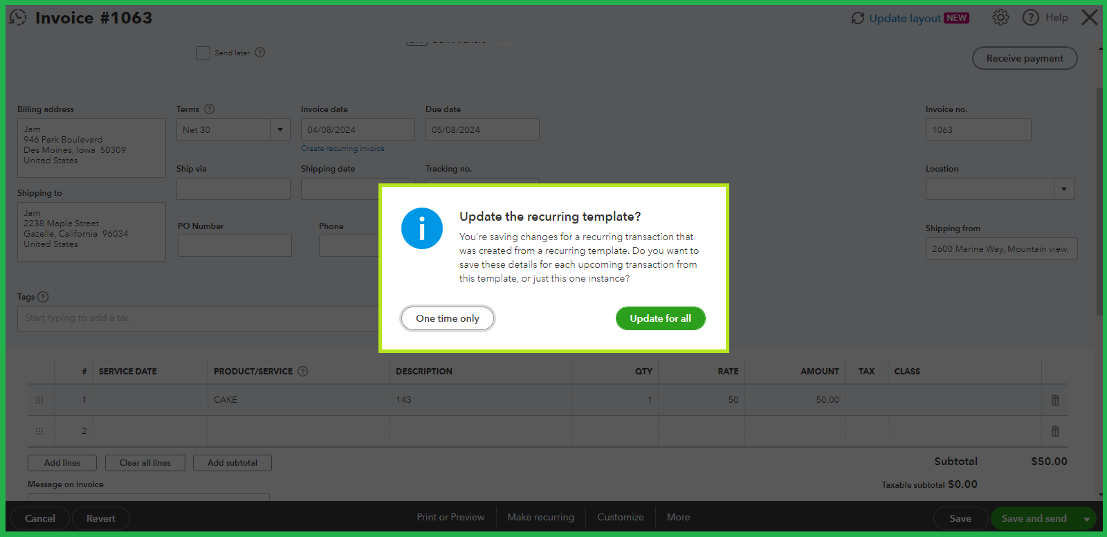If I change a recurring transaction after it becomes an invoice, how ...