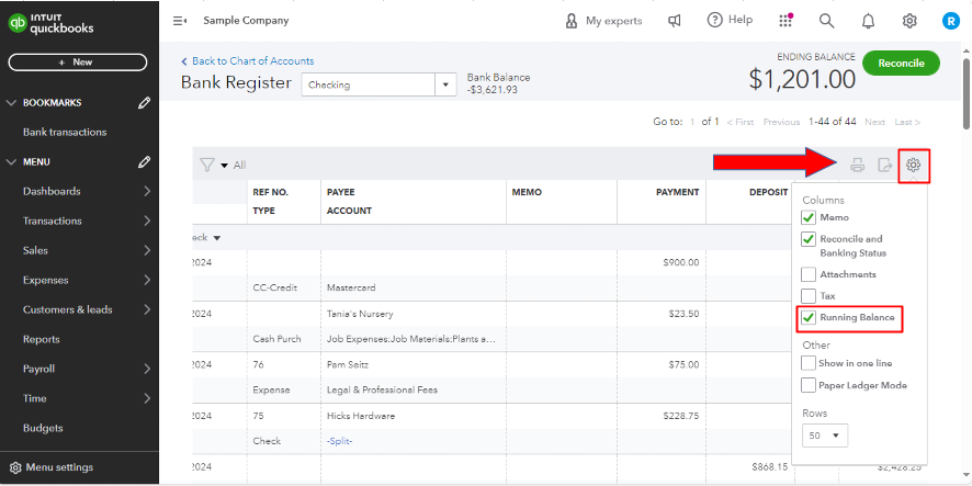 why bank account is not showing running balance says only displayed ...
