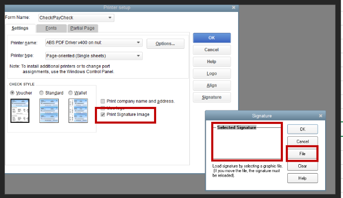 Printing signatures on checks