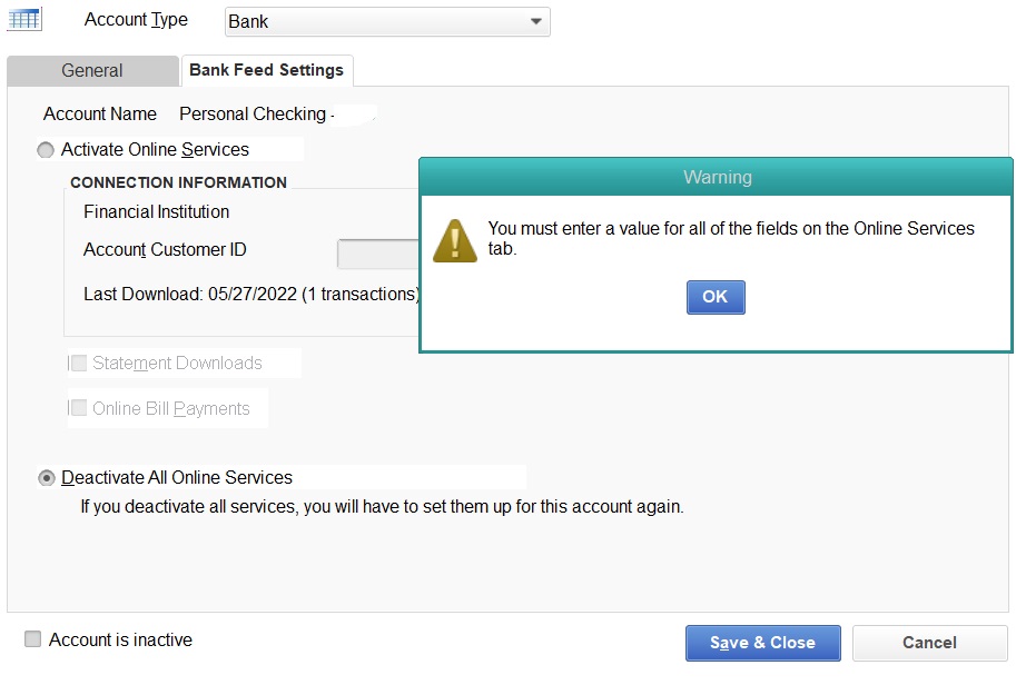 I can't activate online service is QB desktop 2022