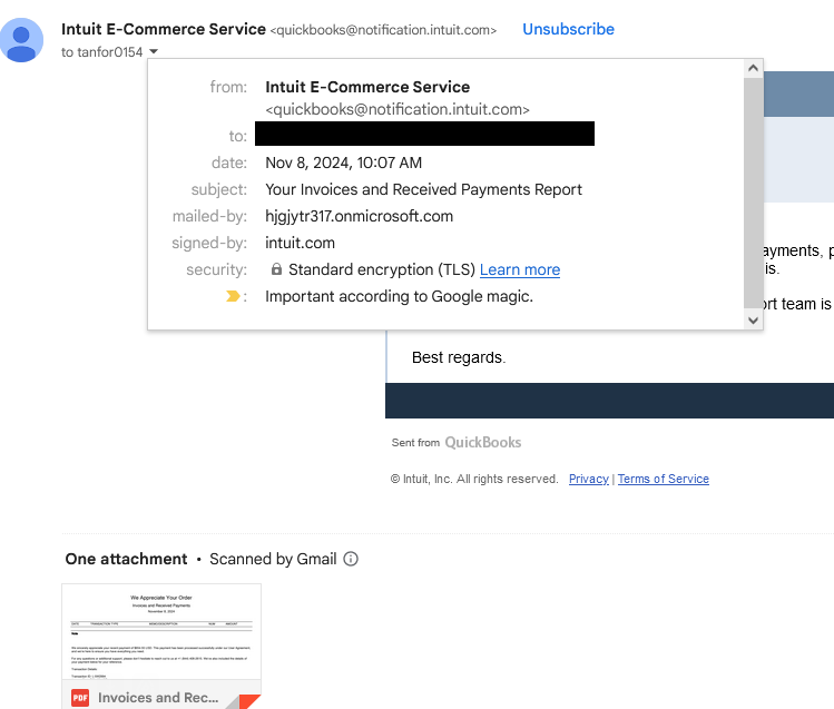 Scam email (fake invoice) coming FROM intuit
